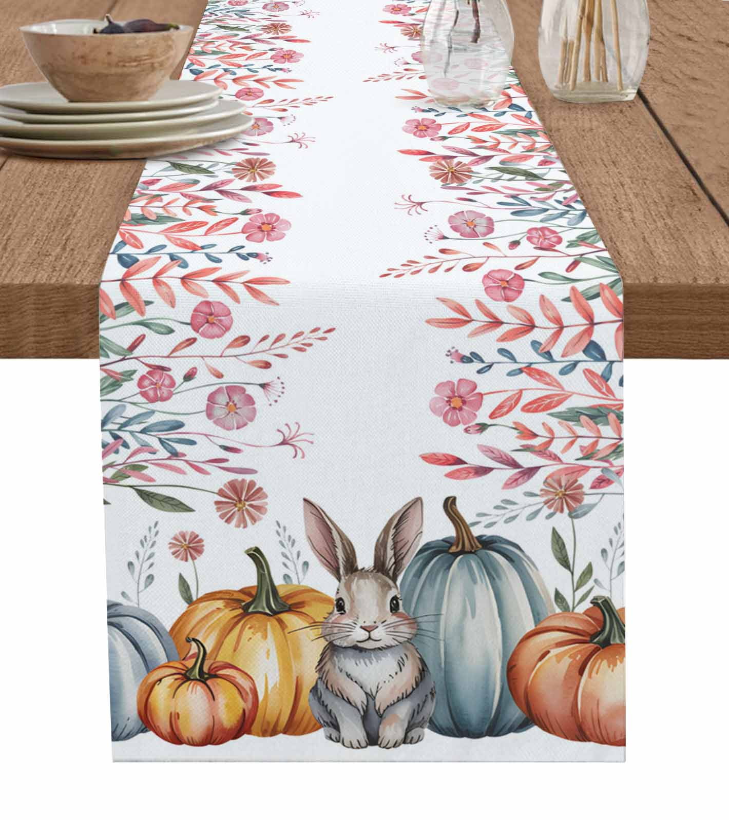 Pumpkins Spring Floral Table Runner Watercolor Flowers Botanical ...