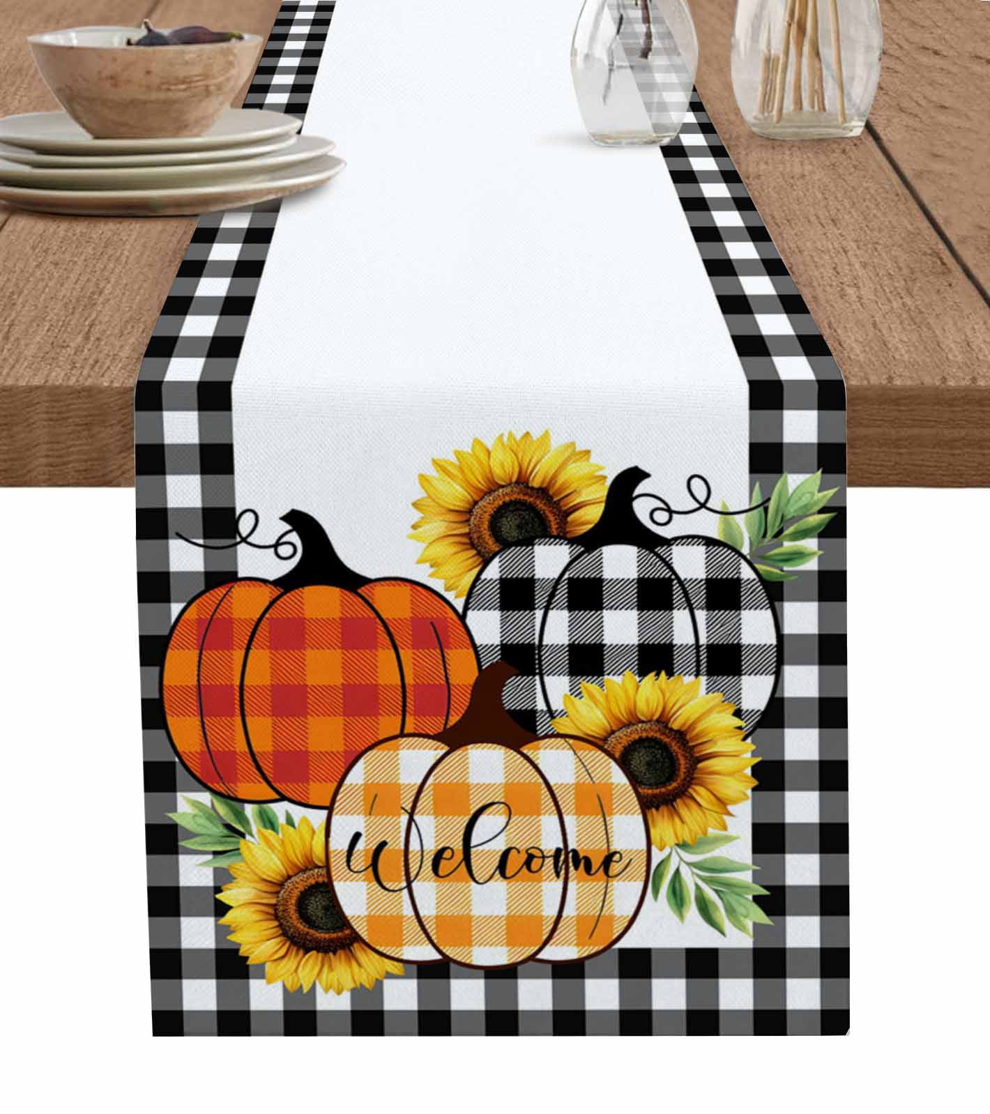 Pumpkins Table Runner 72 Inches, Black White Plaid Farmhouse Summer ...