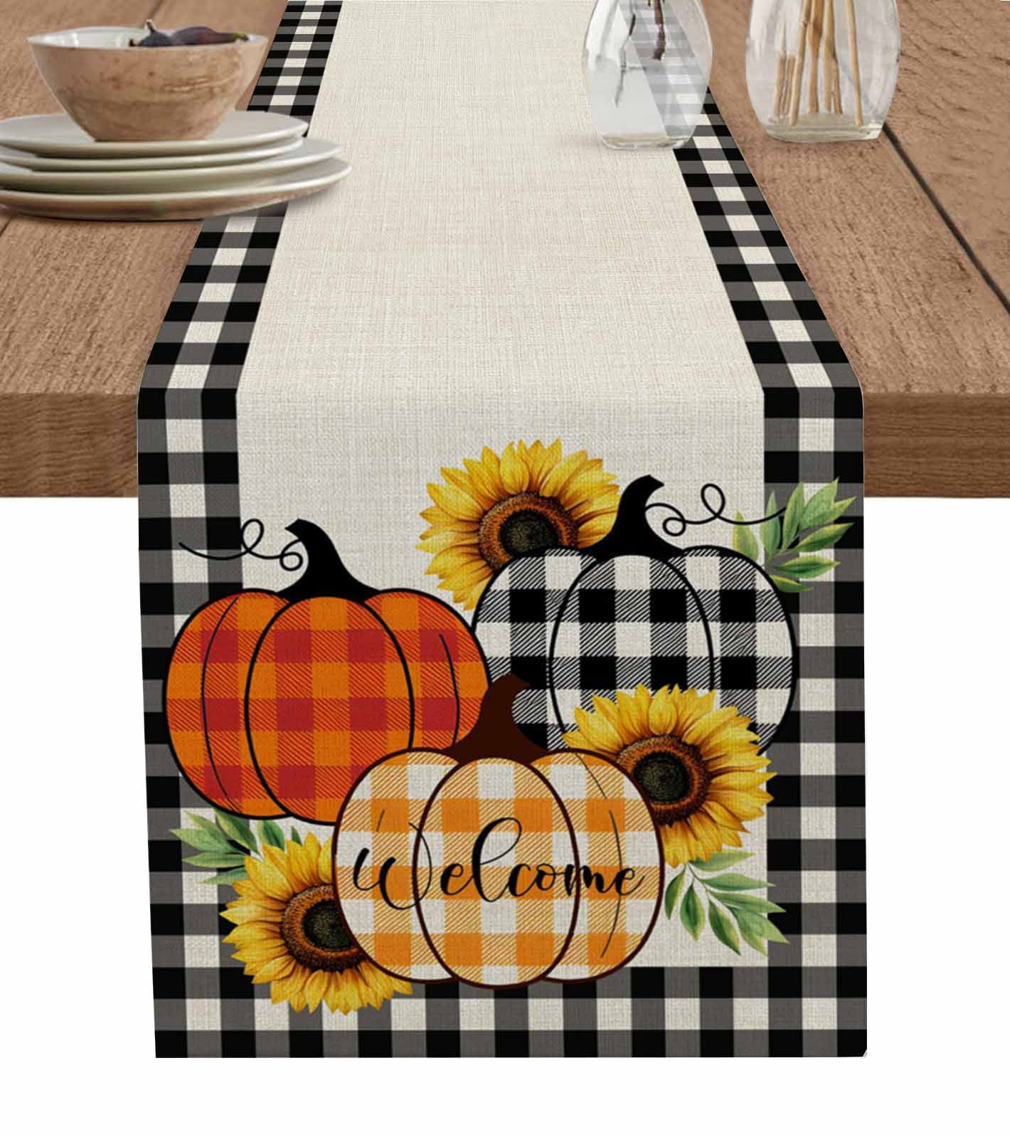 Pumpkins Table Runner Black White Plaid Farmhouse Summer Botanical ...