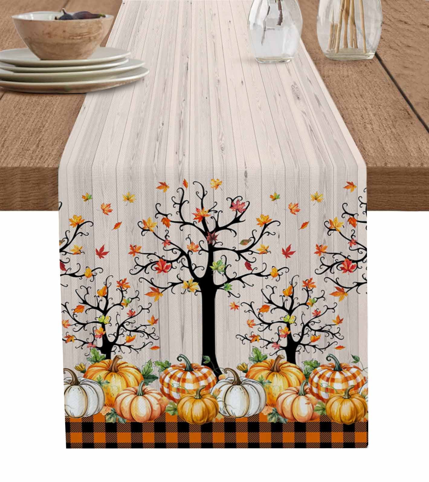 Pumpkins Thanksgiving Table Runner Black Orange Plaid Leaves Wooden Retro Tablerunners 13 x 36 ...