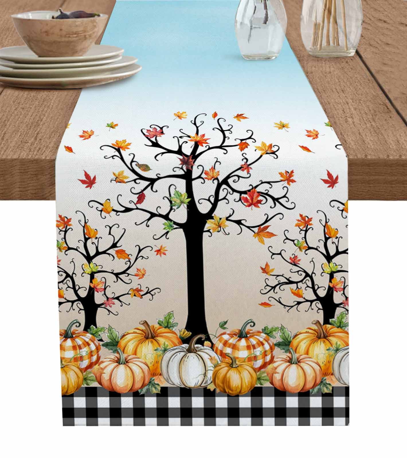 Pumpkins Thanksgiving Table Runner Watercolor Botanical Leaves Blue ...