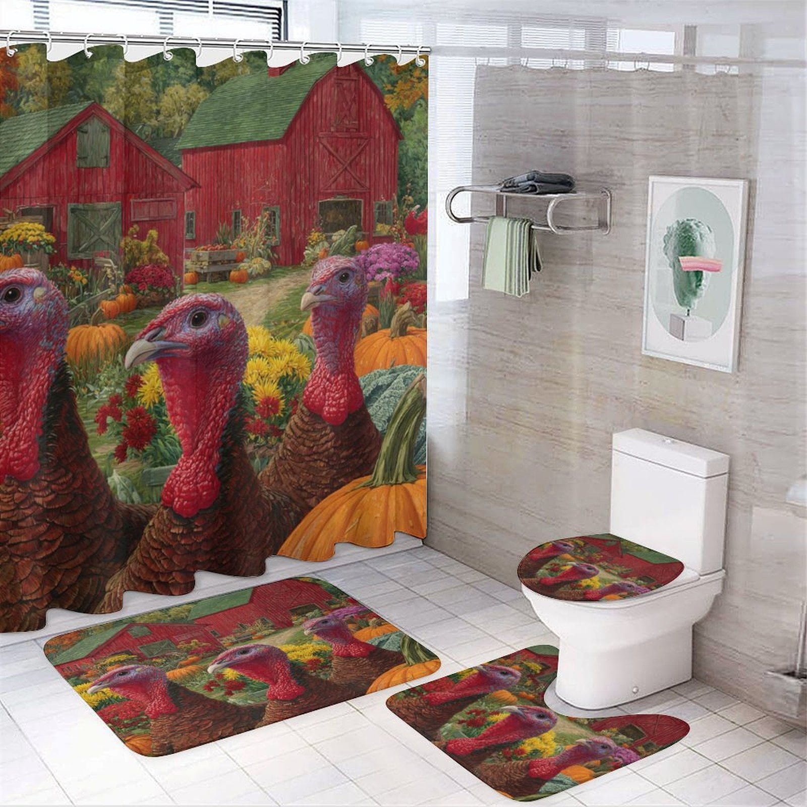 Pumpkins Turkeys And Red Barns Shower Curtain Sets 4 Piece Shower ...