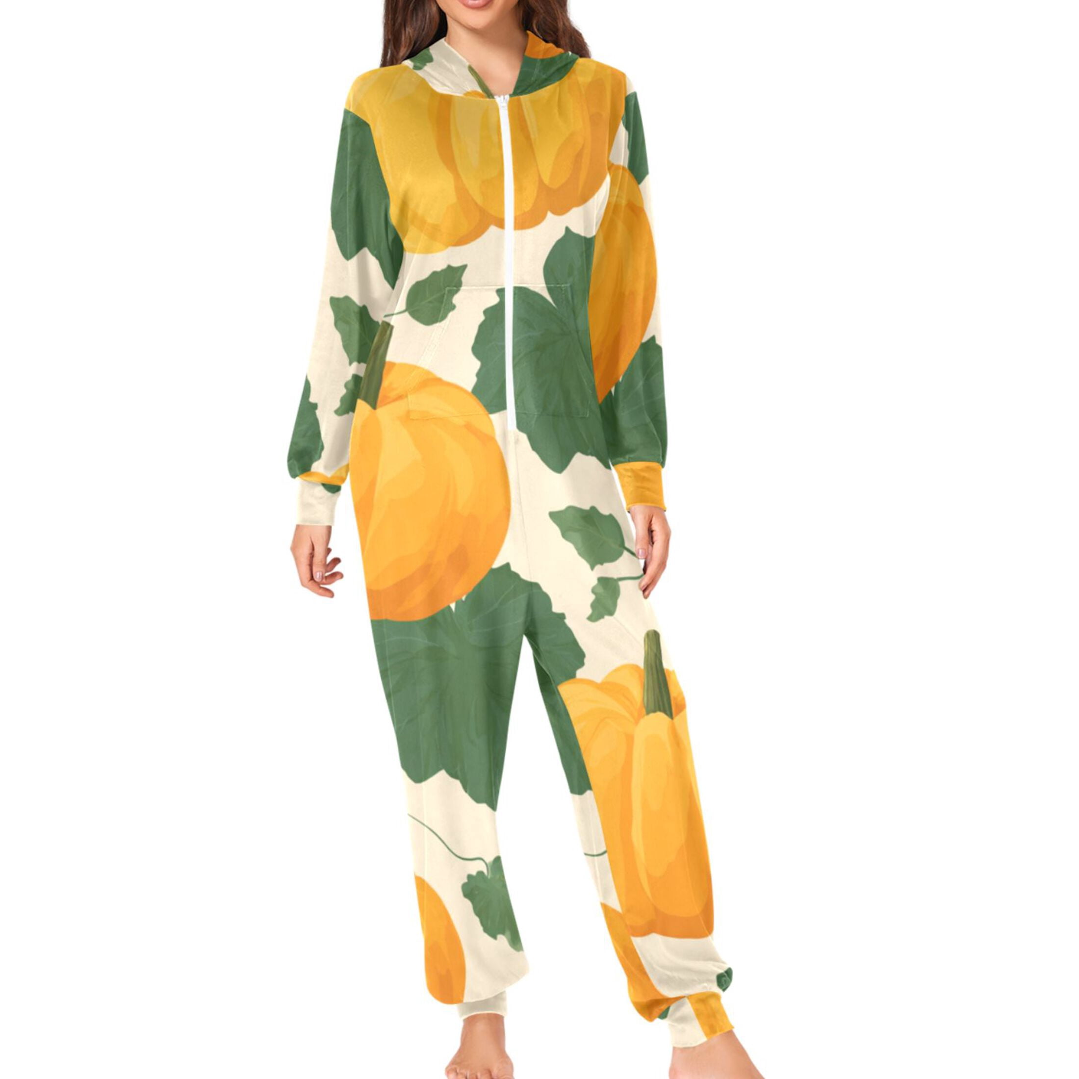 Pumpkins and Leaves Thanksgiving Day Adult's Hoodie Onesie Jumpsuit One ...