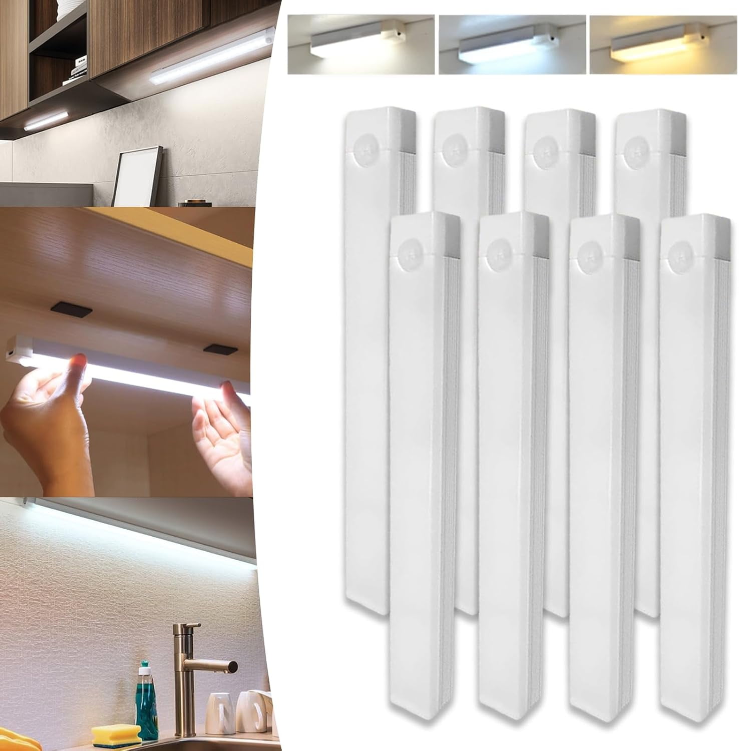 Punch-Free Smart Sensor Magnetic Rechargeable LED Lights 4/8 Pack,3 ...
