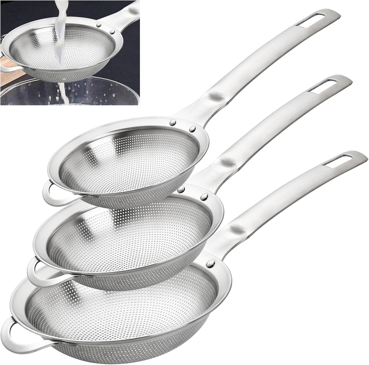 Punch Hole Sieve Fine Mesh Strainer, Set of 3 Sizes Stainless Steel ...
