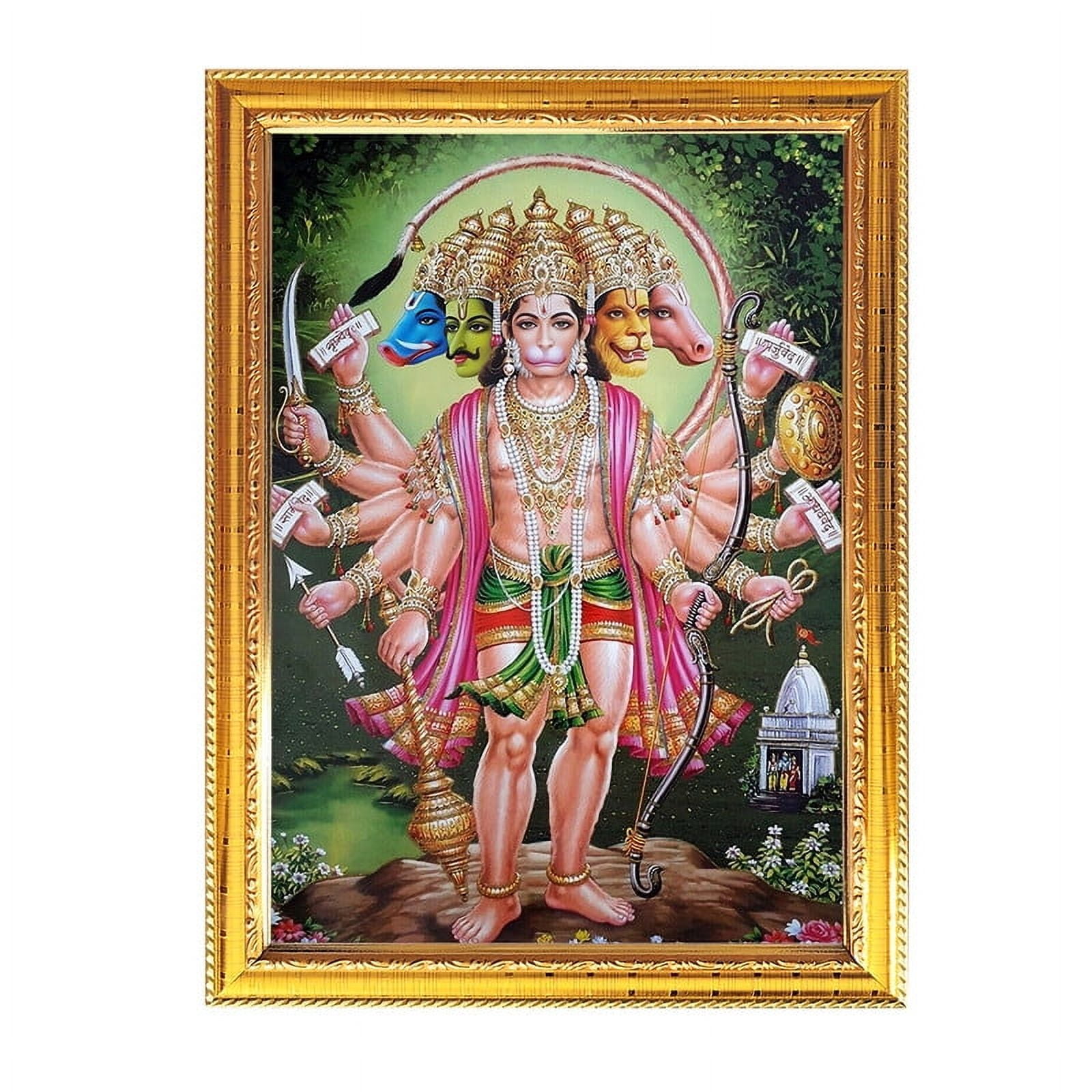 Punch Mukhi Hanuman Ji Golden Photo Frame for Pooja Indian with a ...