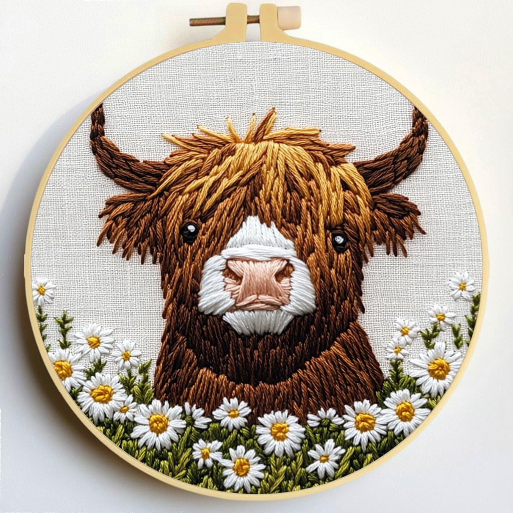 Punch Needle Kits Highland Cow in Daisy Embroidery Starter Set with ...