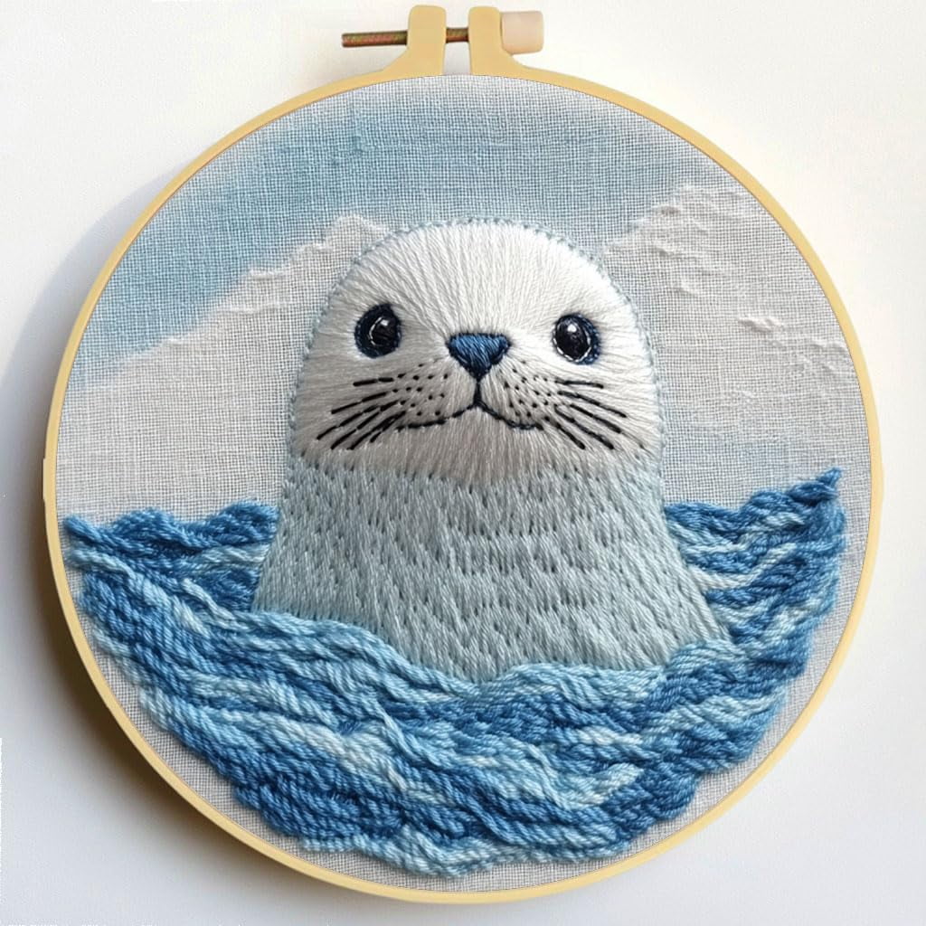 Punch Needle Kits Seal in Blue Sea Embroidery Starter Set with Hoop ...