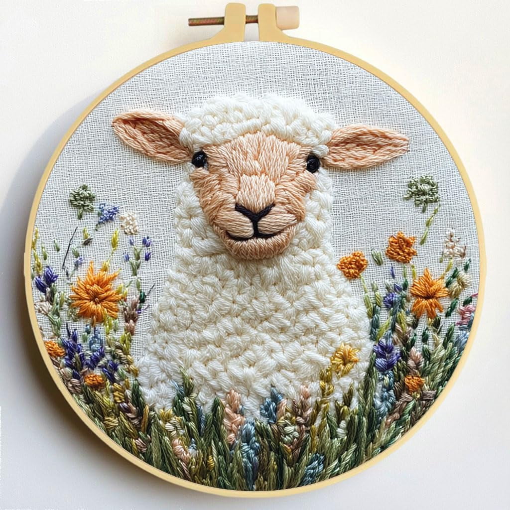 Punch Needle Kits Sheep in Grass Embroidery Starter Set with Hoop Easy ...