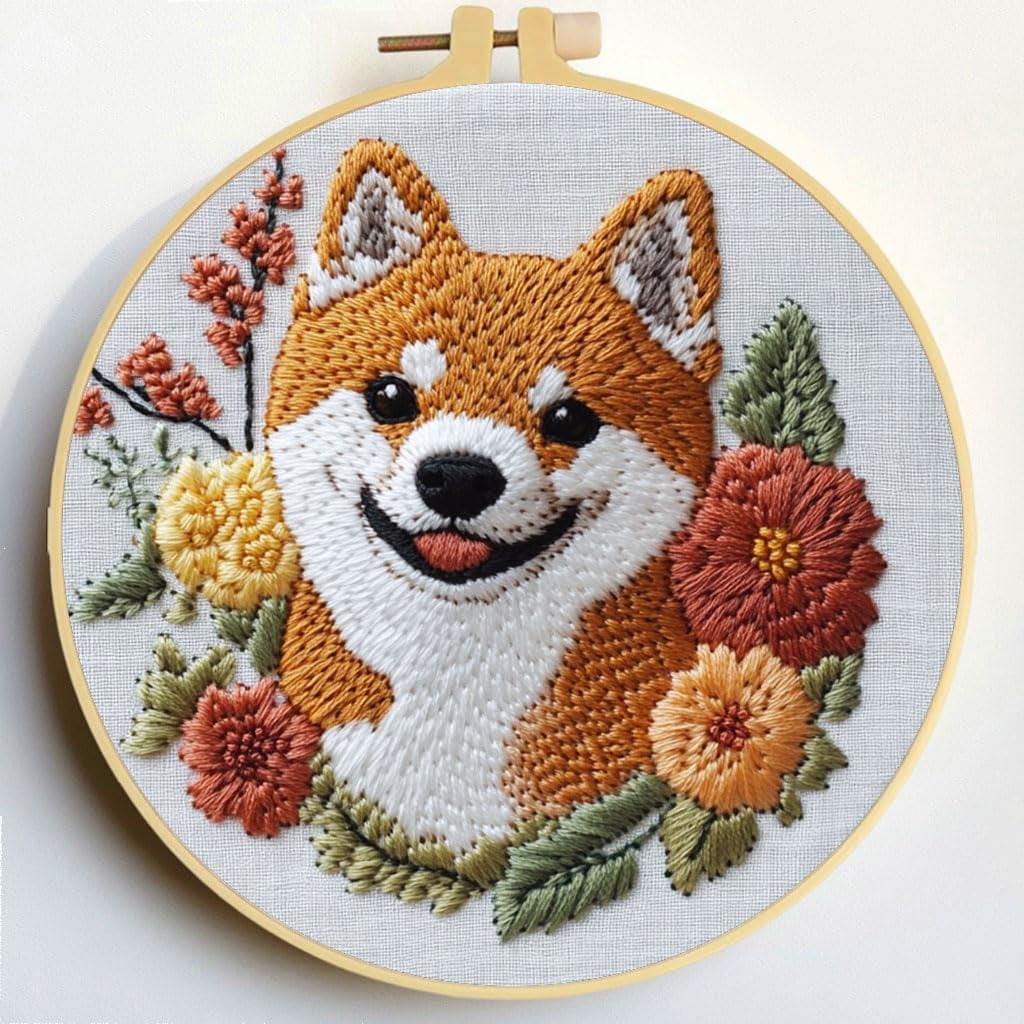Punch Needle Kits Shiba Inu Dog in Flowers Embroidery Starter Set with ...