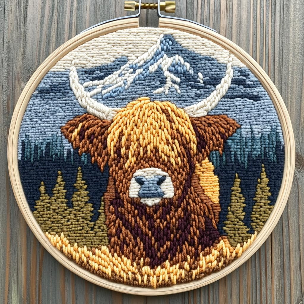 Punch Needle kits Brown Highland Cow with Mountain Easy for Beginners ...