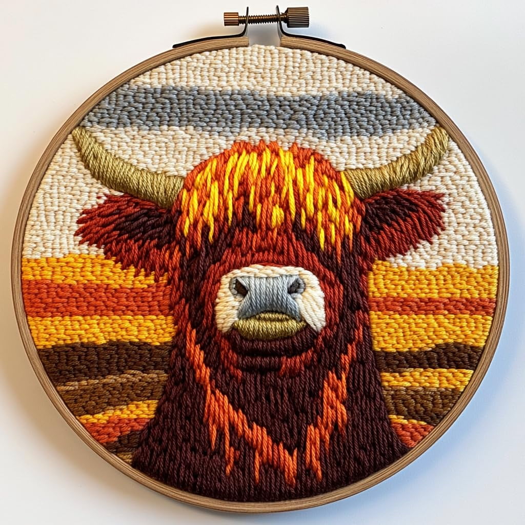 Punch Needle kits Brown Highland Cow with Sunset Easy for Beginners DIY ...