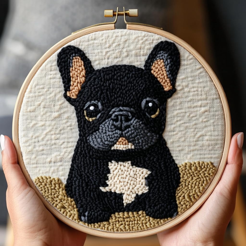 Punch Needle kits Cartoon Baby Black French Bulldog on Chair Easy for ...