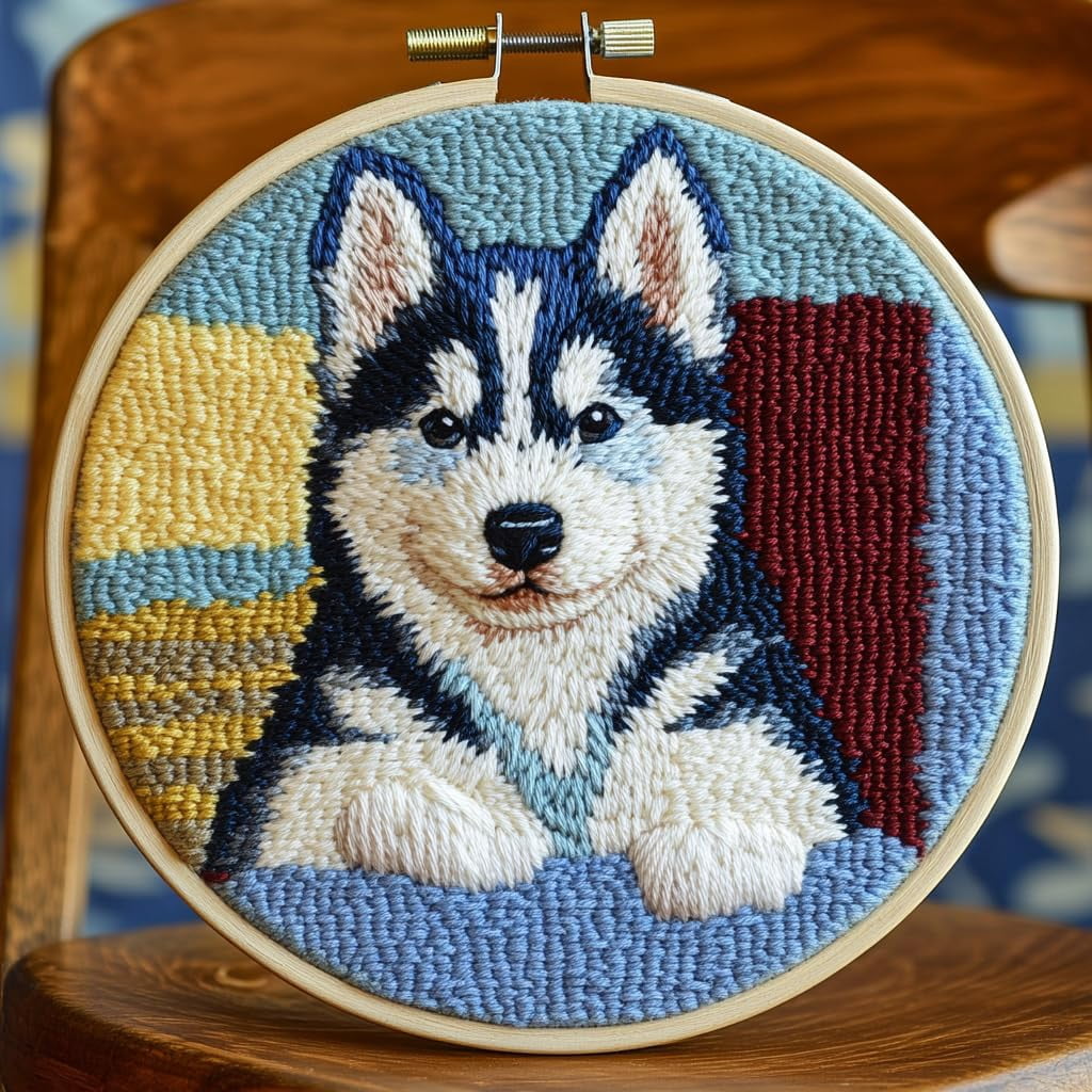 Punch Needle kits Cartoon Baby Husky Dog on Chair Easy for Beginners ...