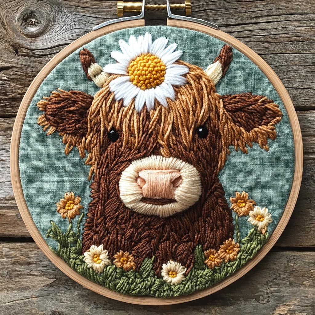 Punch Needle kits Cartoon Cute Baby Highland Cow Daisy Flower Easy for ...