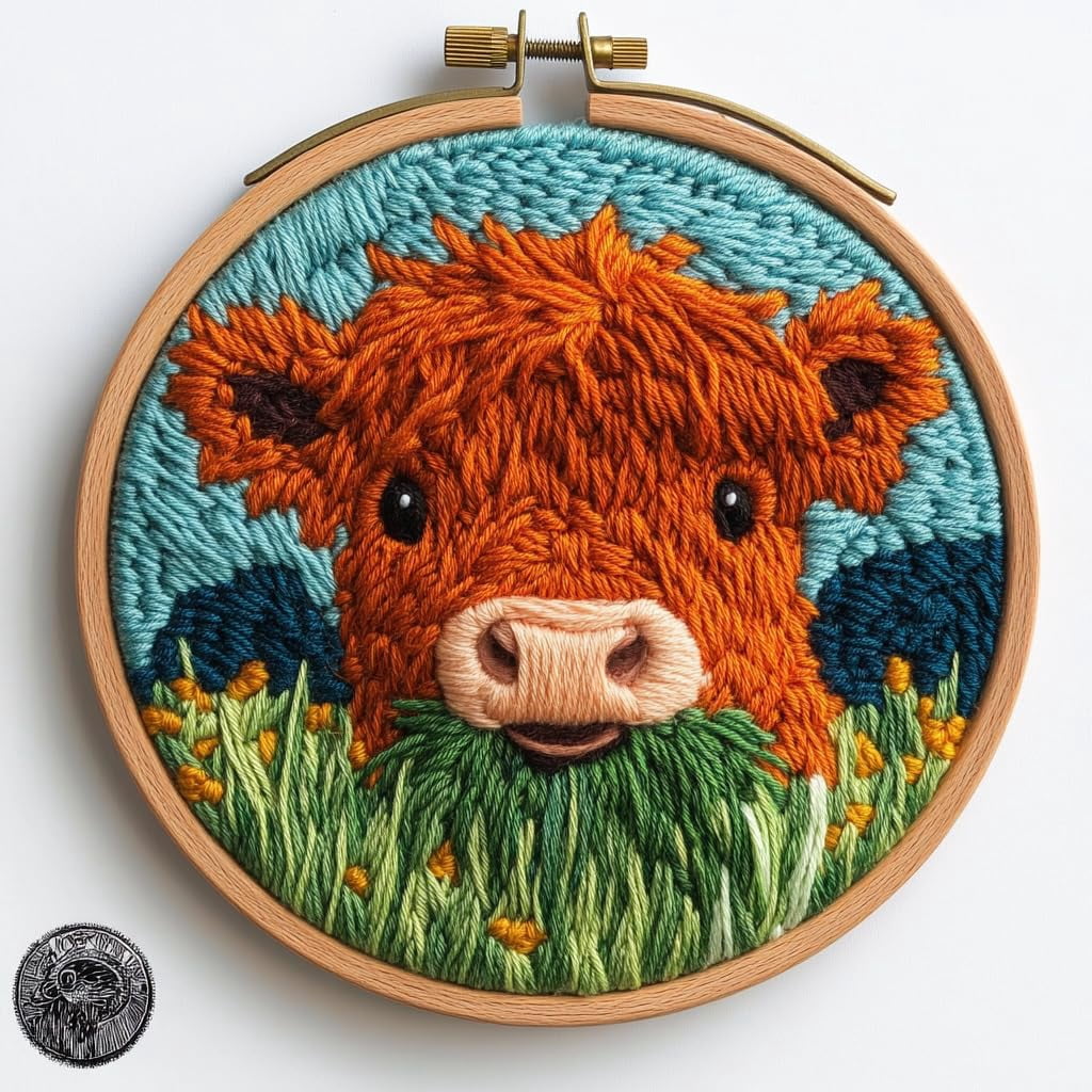 Punch Needle kits Cute Baby Orange Highland Cow Chewing Grass Easy for ...