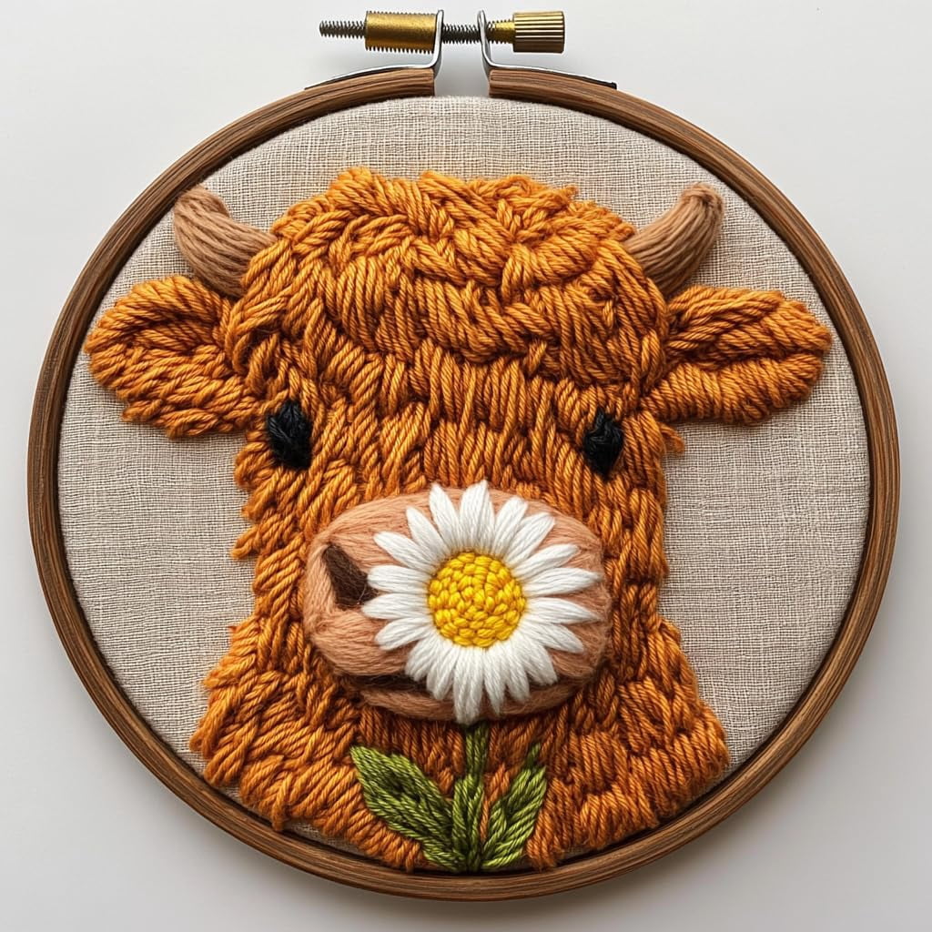 Punch Needle kits Cute Baby Orange Highland Cow Daisy Flower Easy for ...