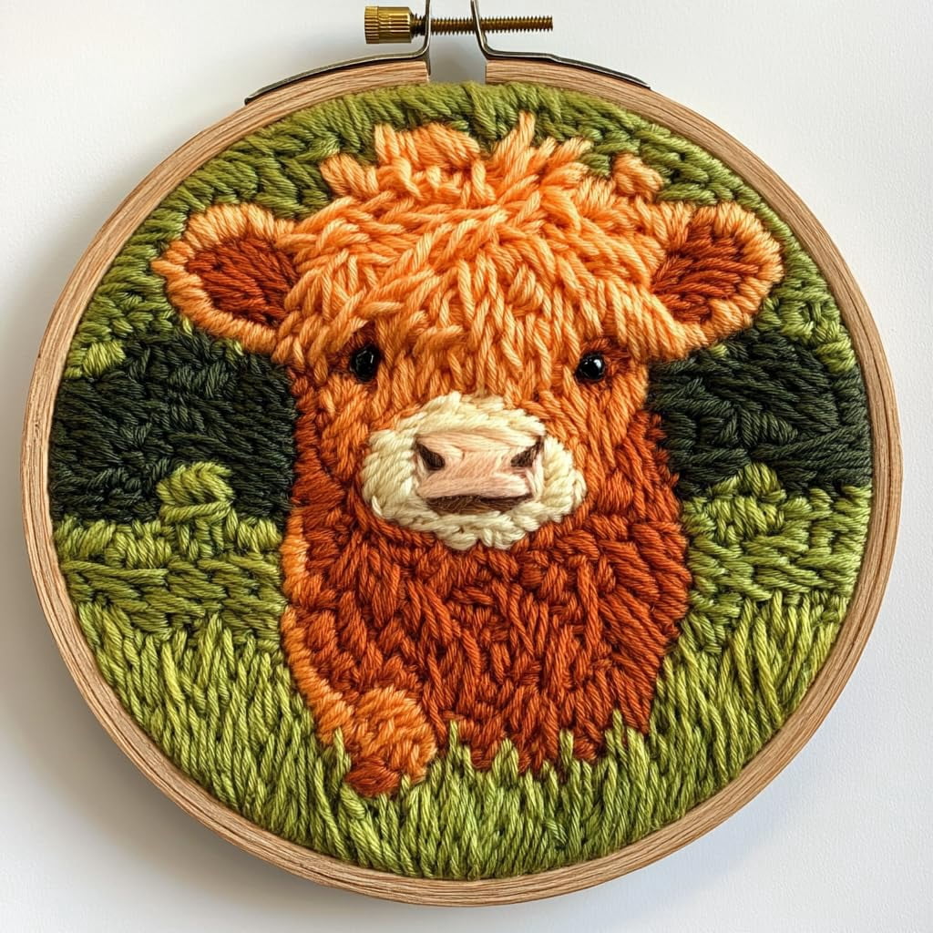 Punch Needle kits Cute Baby Orange Highland Cow Stand on Grass Easy for ...