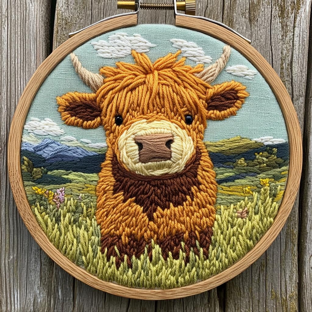 Punch Needle kits Cute Baby Orange Highland Cow Stand on Grass Easy for ...