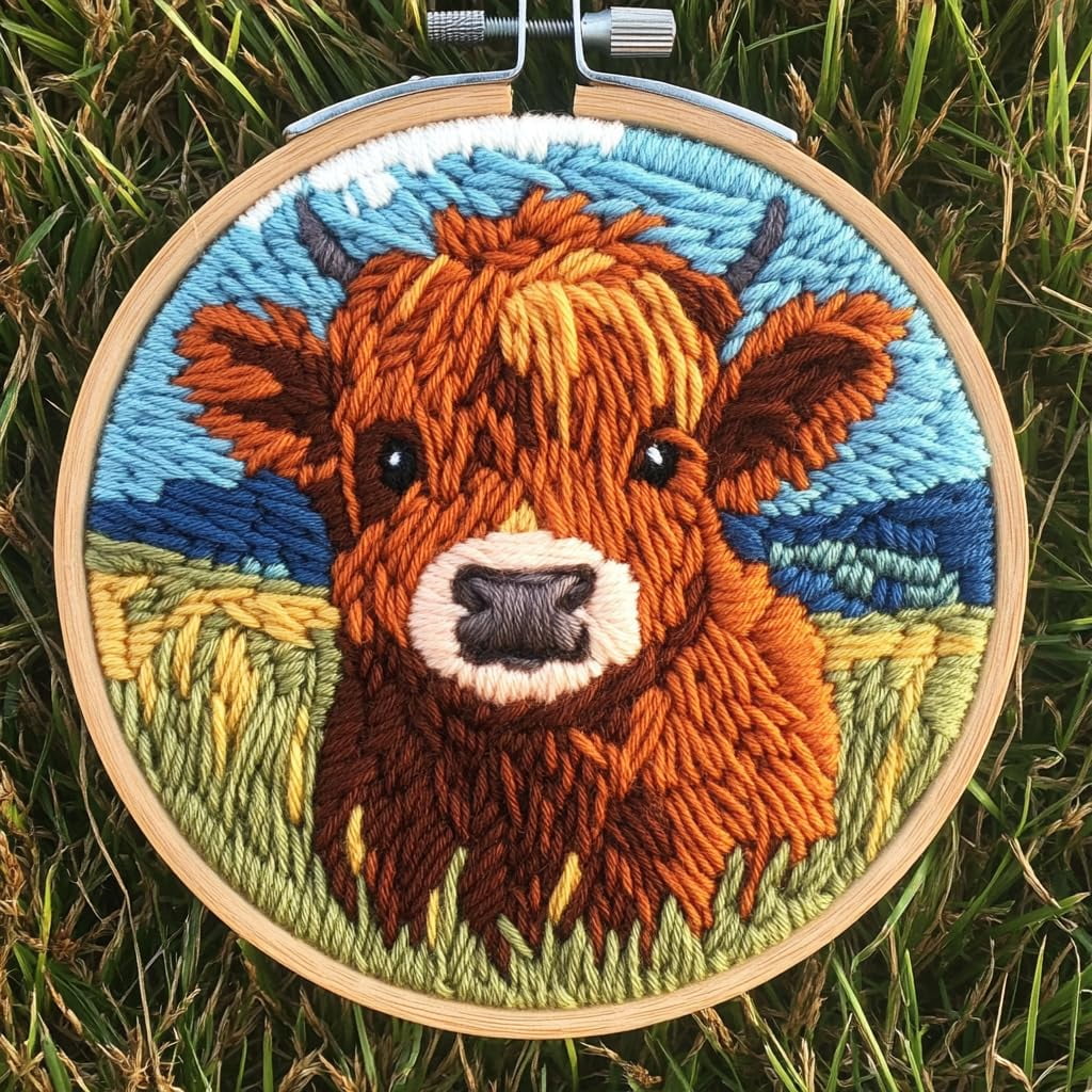 Punch Needle kits Cute Baby Orange Highland Cow Stand on Grass Easy for ...