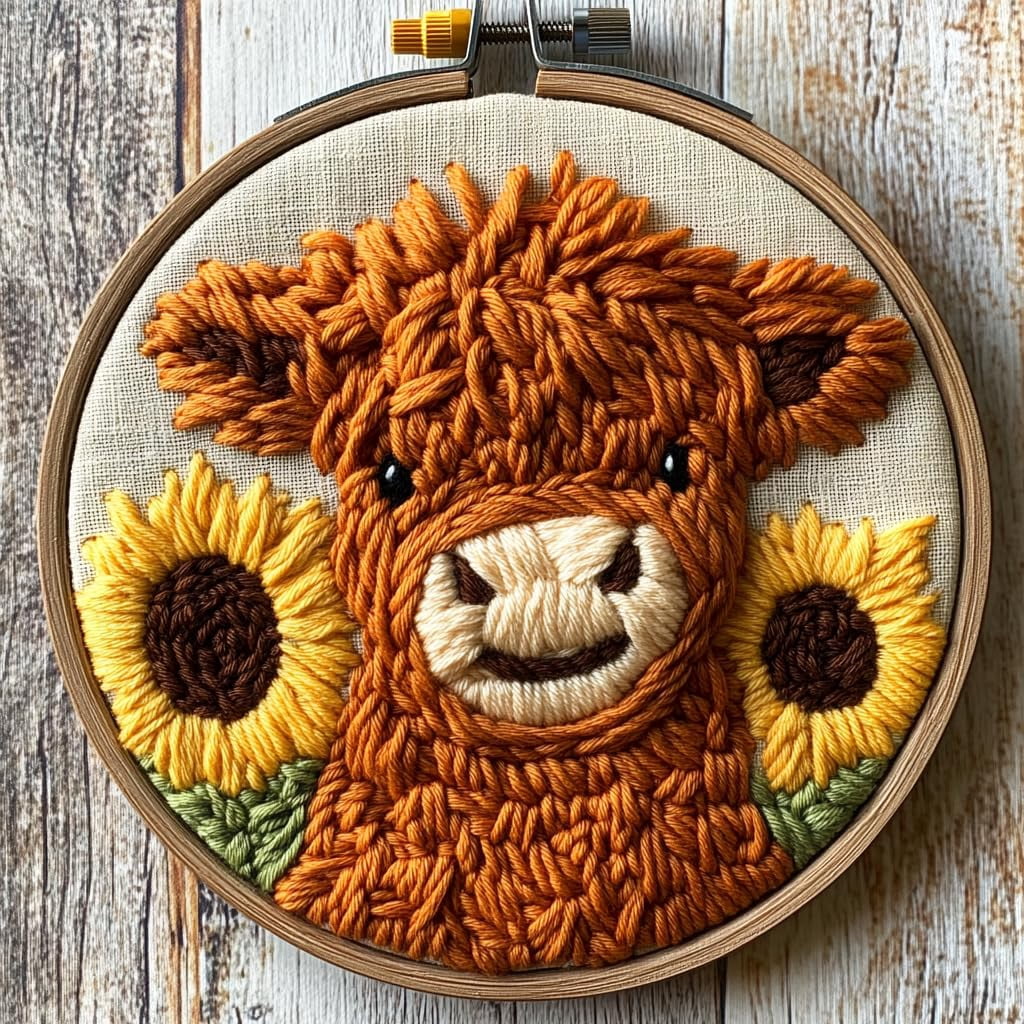 Punch Needle kits Cute Baby Orange Highland Cow and Sunflower Easy for ...