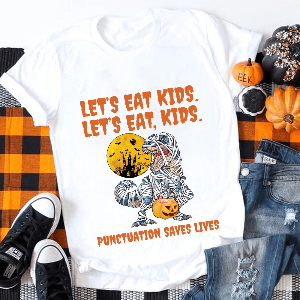 Punctuation Saves Lives Dinosaur With Bandage Teacher T-Shirt, Funny ...