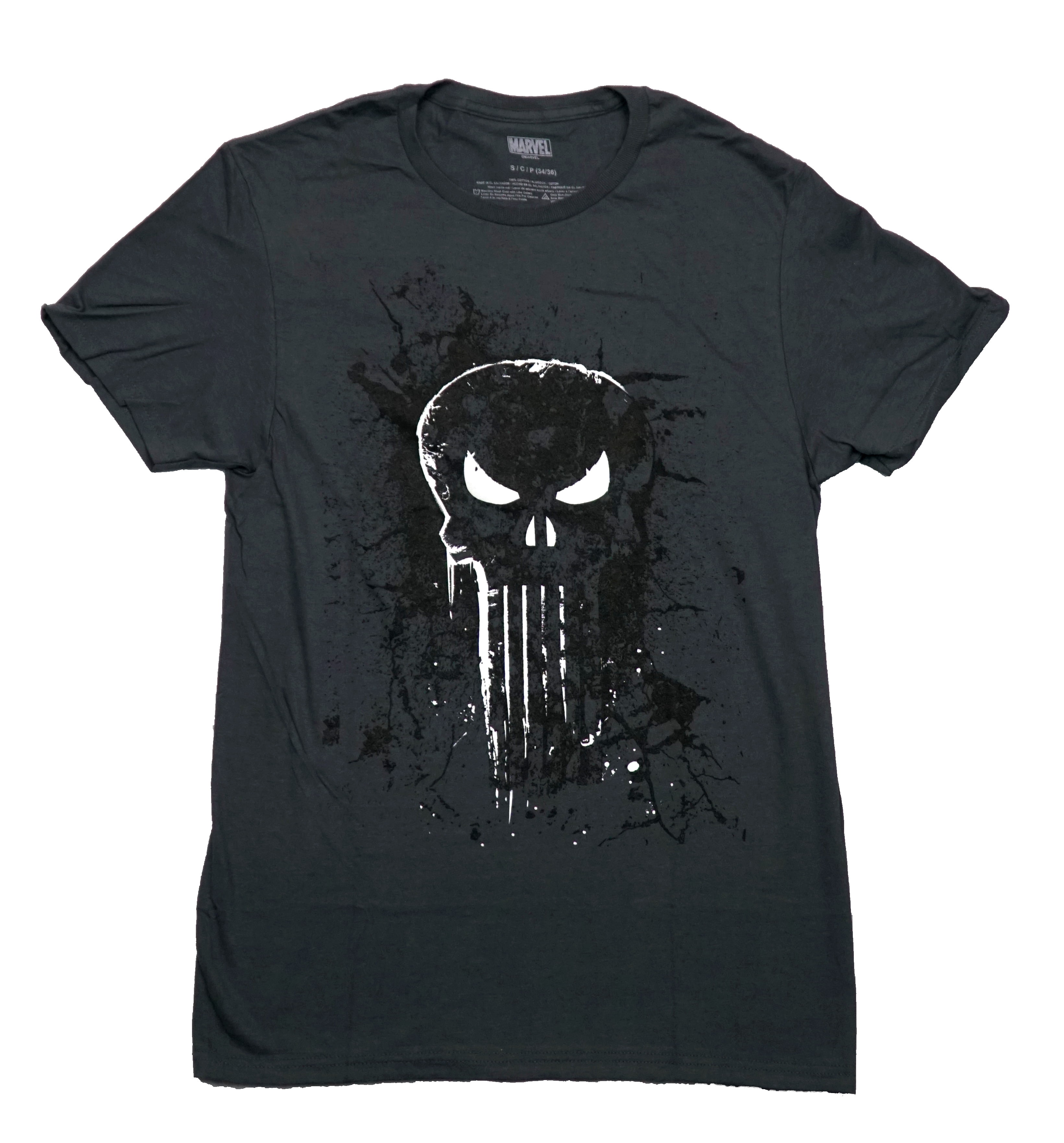 Punisher Mens T-Shirt - Distressed B & W Logo Over Black Paint Splatter ...