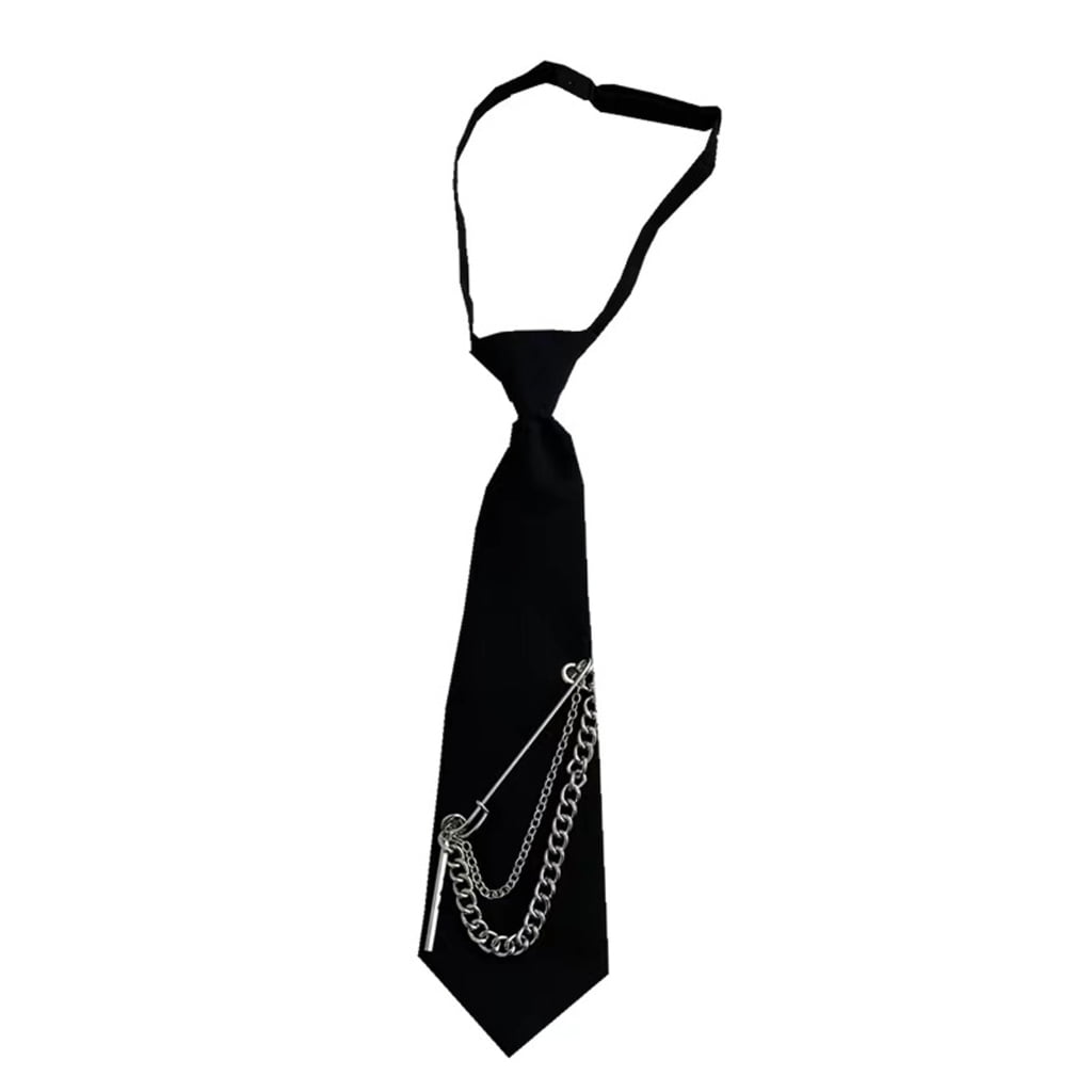 Punk Black Neck Tie with Long Chain Metal Pin Japanese Vintage Pre Tied ...