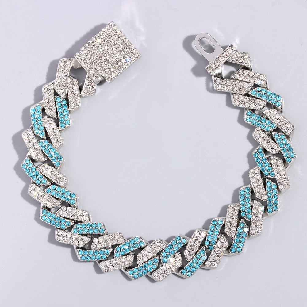 Punk Bling Blue Crystal Prong Cuban Chain Necklace For Men Women Iced ...