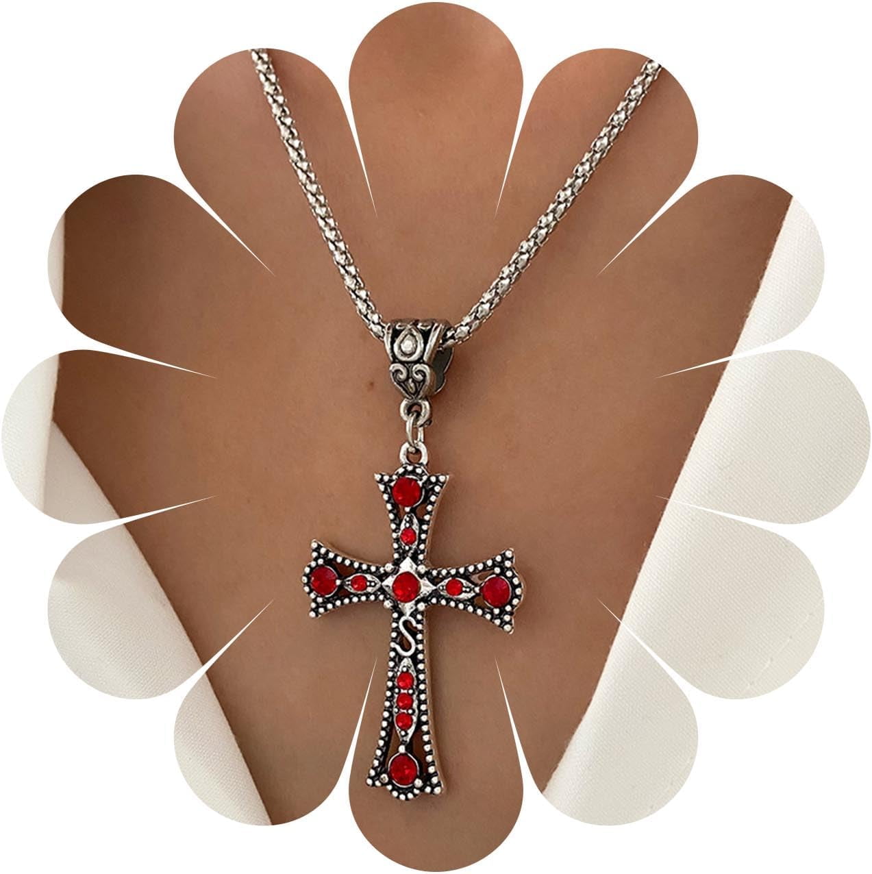 Punk Crystal Cross Pendant Necklace Vintage Red Crystal Cross Necklace ...