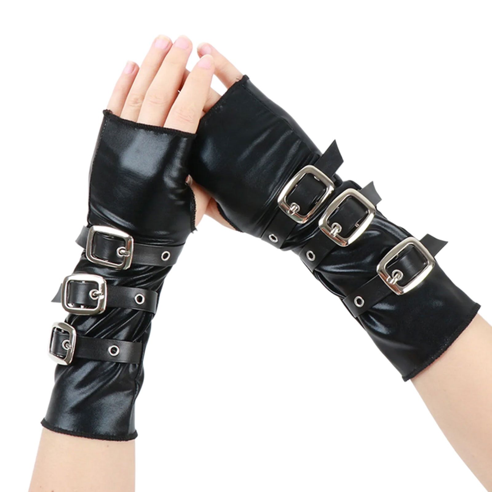 Punk Fingerless Gloves with Metal Buckles, Adjustable PU Leather Arm ...