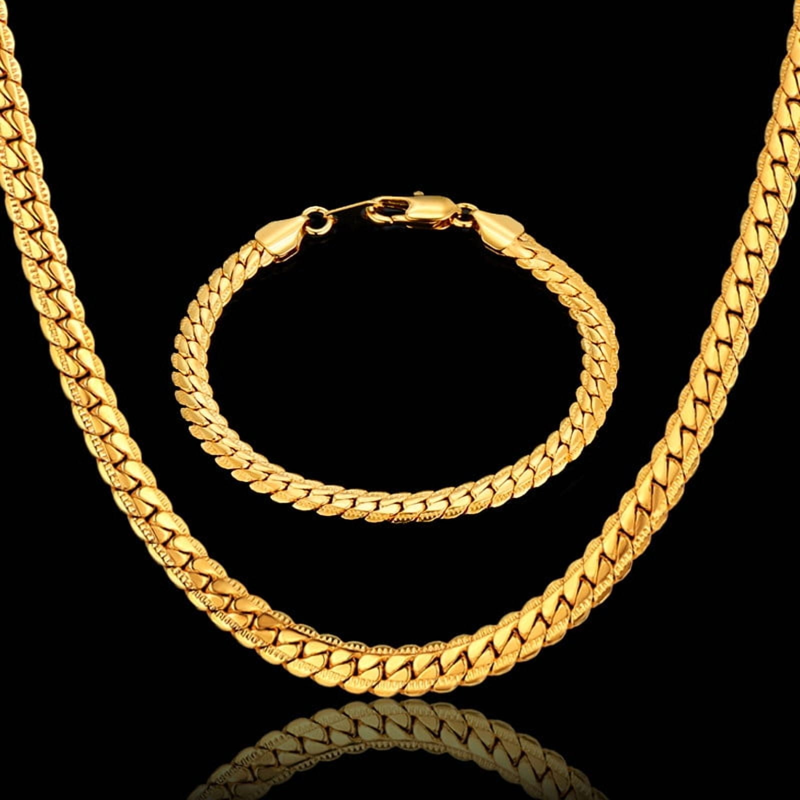 Punk Flat Snake Link Chain Set Male 14K Yellow Gold Necklace Bracelet ...