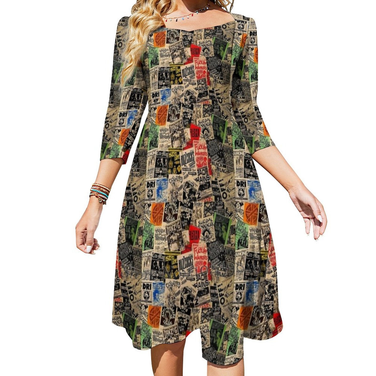 Punk Flyer Collage Evening Party Dresses Midi Sexy Dress Female Sweet ...