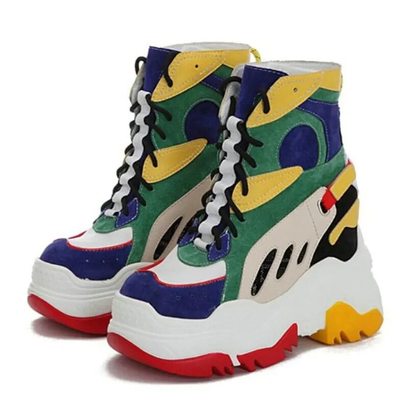 Punk Goth Creepers Women Lace Up Genuine Leather Wedges High Heel Ankle ...