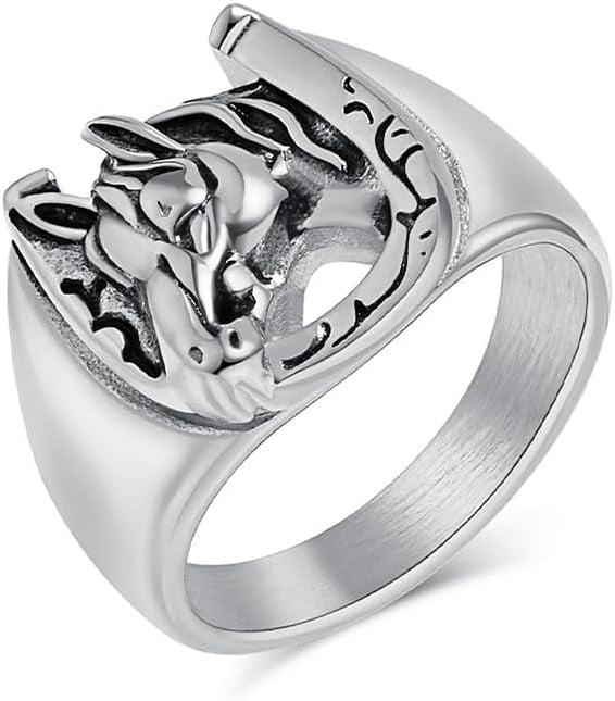 Punk Horseshoe Band Ring for Men Women Personalized Horse Head Lucky U ...