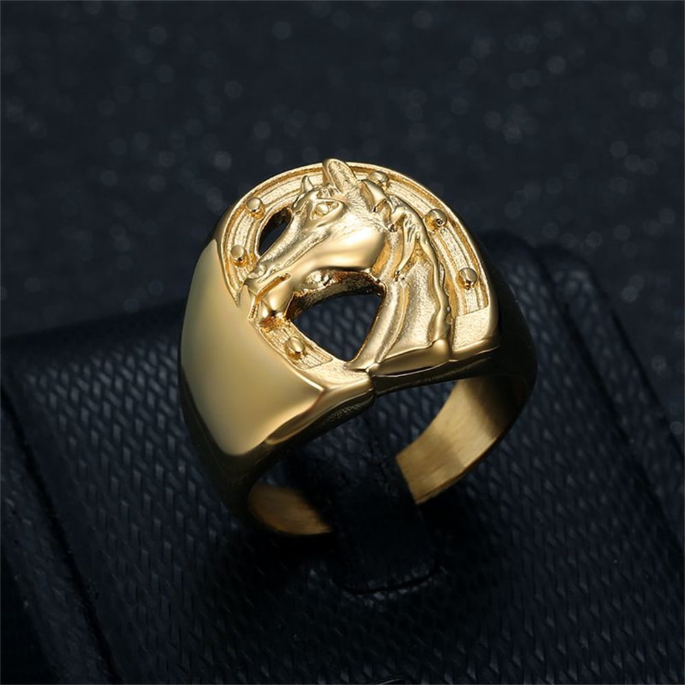 Punk Horseshoe Horse Head Ring Male 14K Yellow Gold Big Animal Rings ...