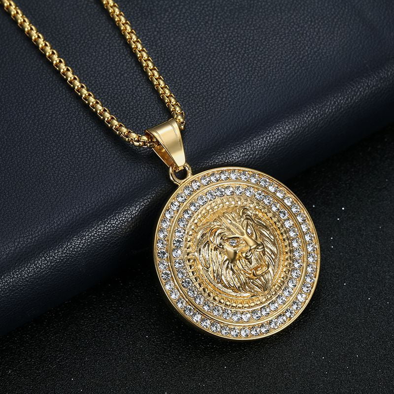 Punk Iced Out Bling Lion Head Pendant Male 14K Yellow Gold Round Animal ...