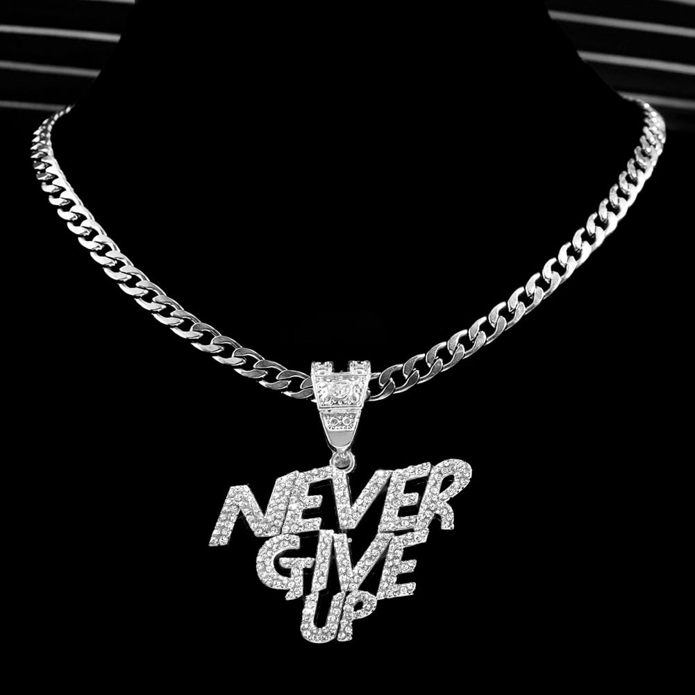 Punk Iced Out Crystal NEVER GIVE UP Letter Pendant Necklace for Women ...
