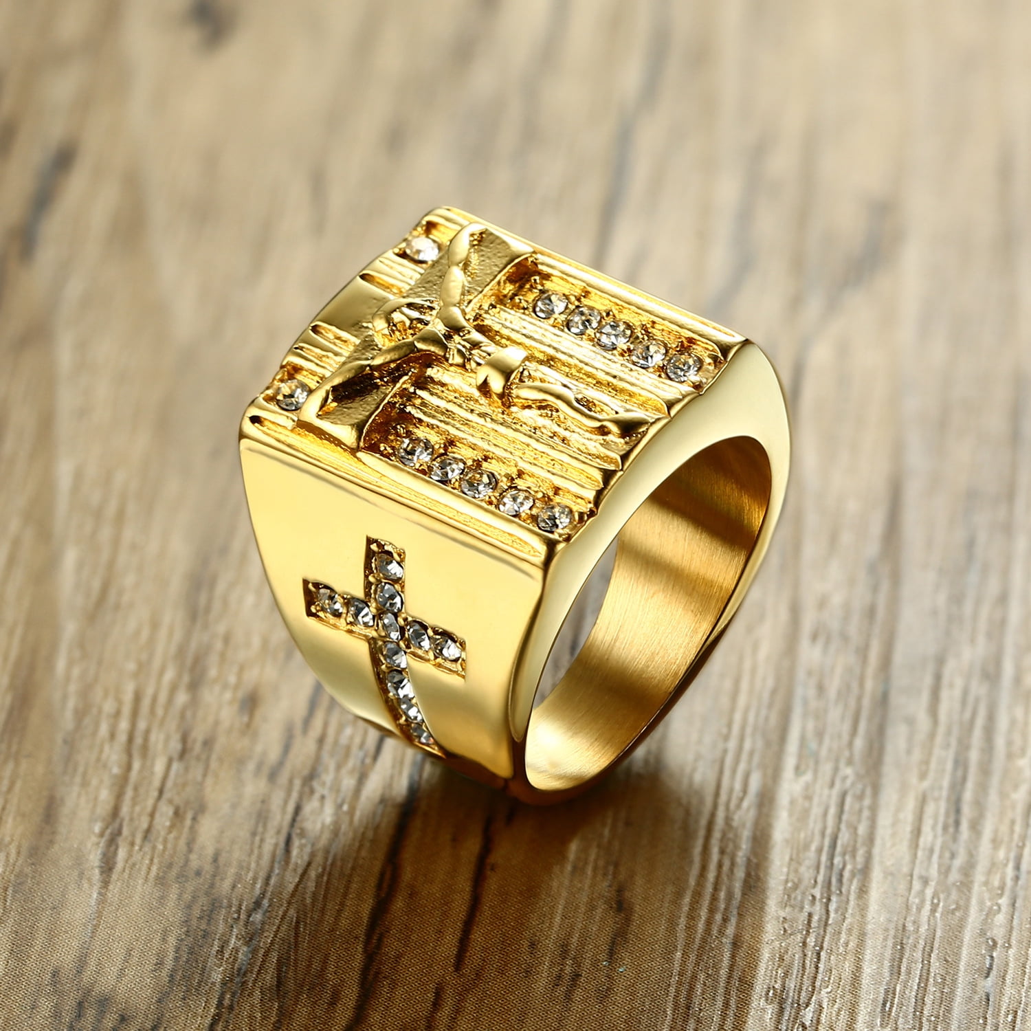Punk Jesus Christ Cross Chunky Ring for Men 14K Yellow Gold Crystals ...