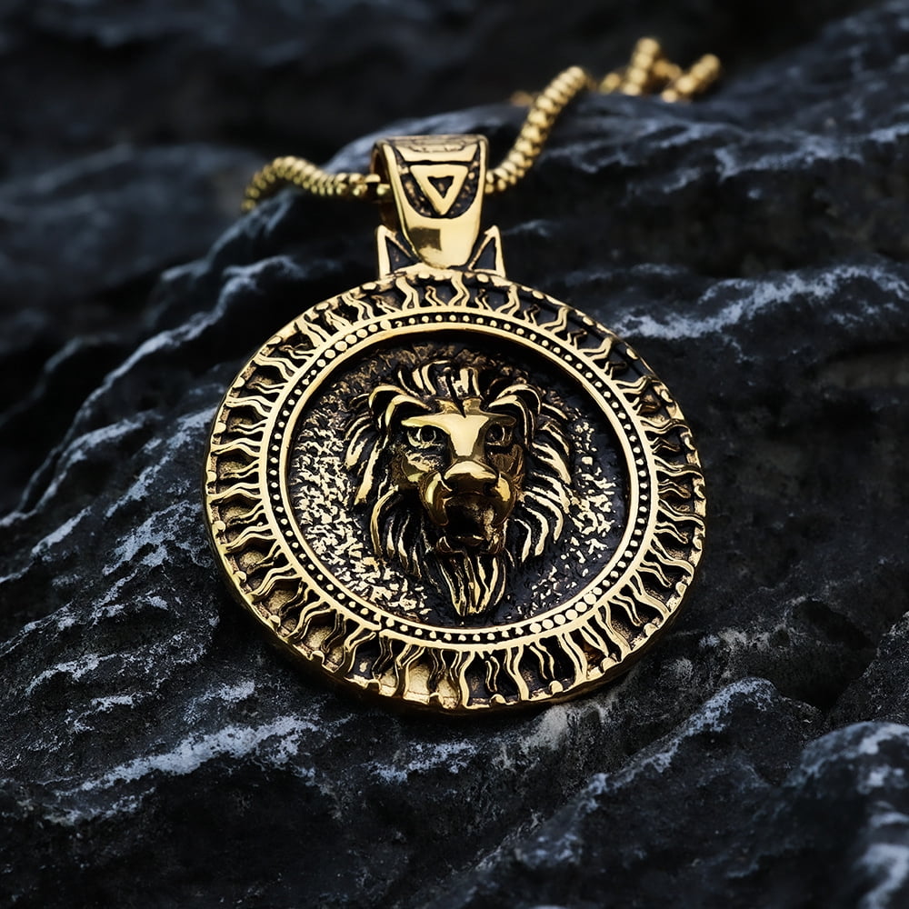 Punk Lion 14K Yellow Gold Necklace Pendant Men Chain Heavy Duty Lion ...