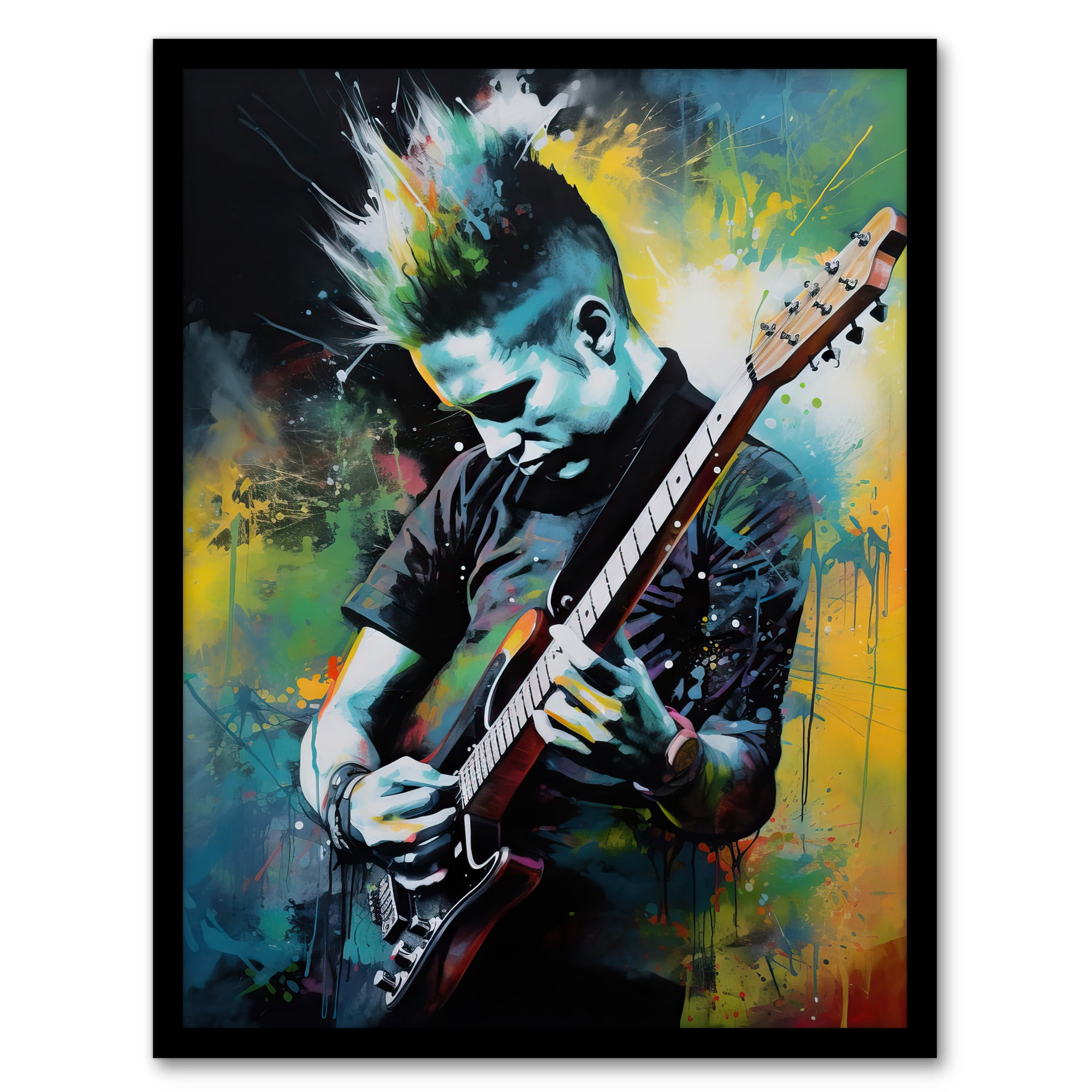 Punk Music Artwork Blue Yellow Guitarist Playing At Concert Vibrant ...