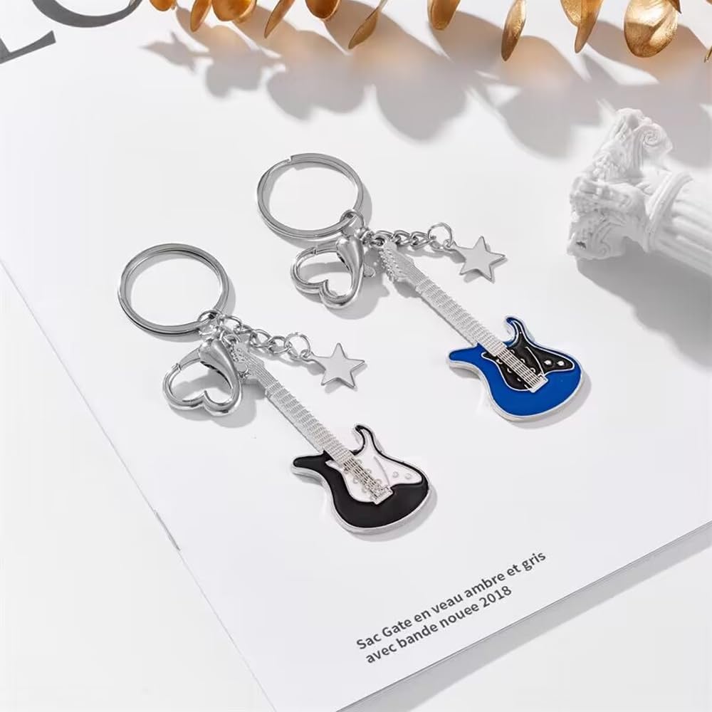 Punk Music Bass Electric Guitar Keychain, Guitar Love Heart Star Key ...