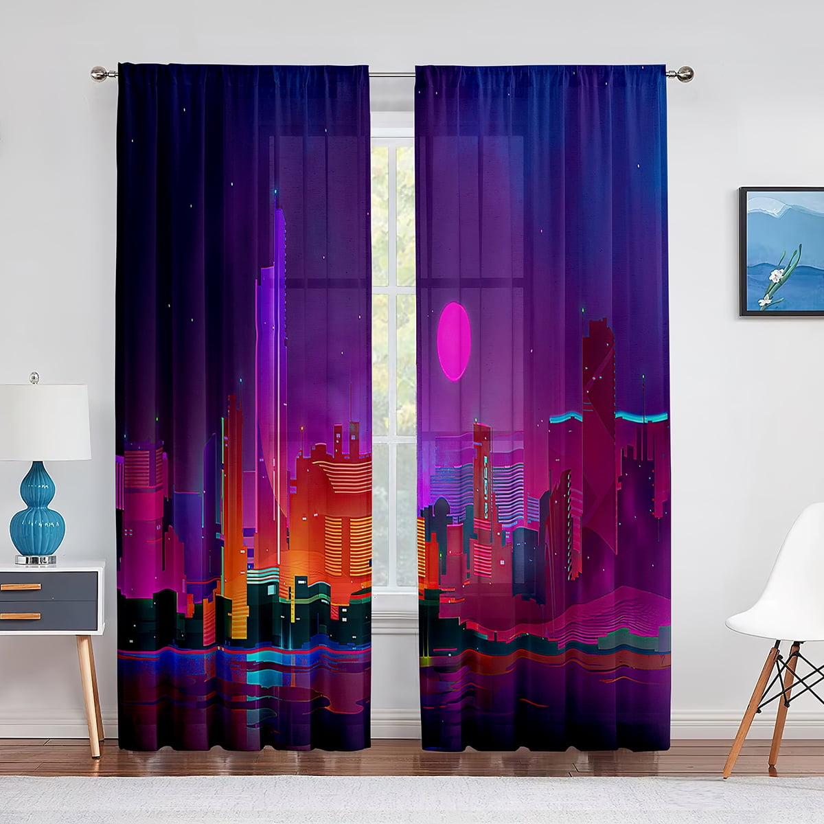 Punk Night City Landscape Purple Neon Thin Cloth Curtain for Living ...