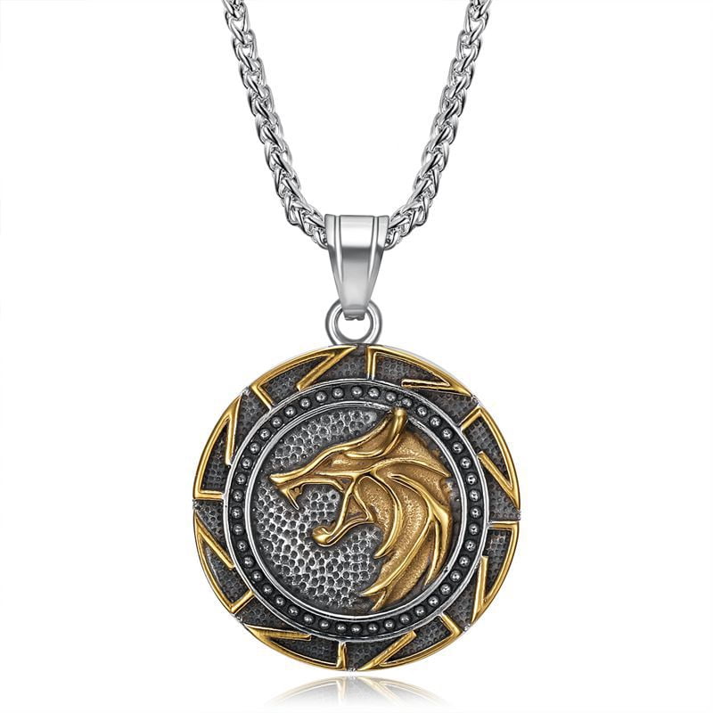 Punk Rock 14K White Gold Wolf Head Animal Round Pendants Necklace for ...