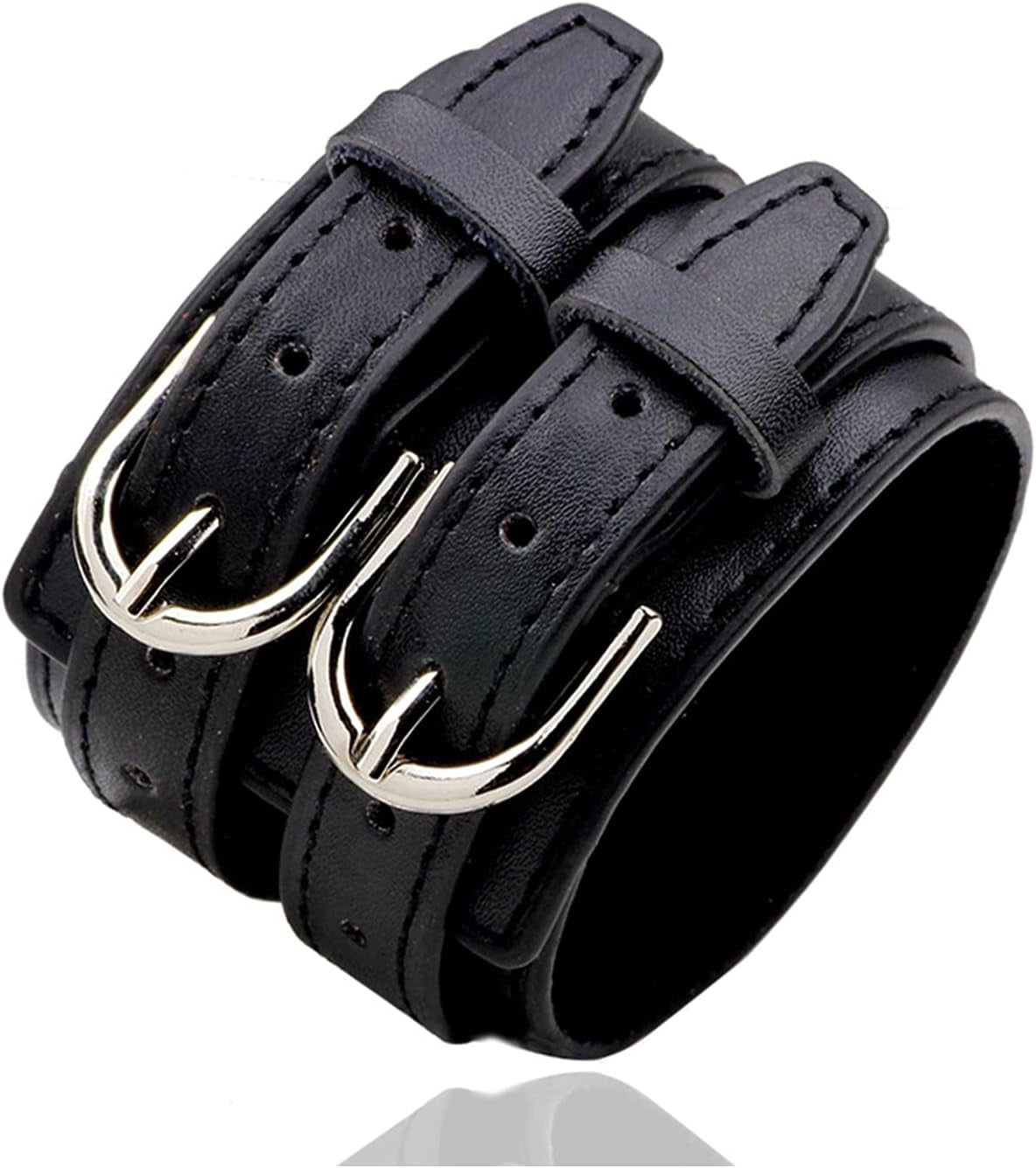 Punk Rock Double Row Belt Buckle Wristband Wide Leather Cuff Bracelet ...