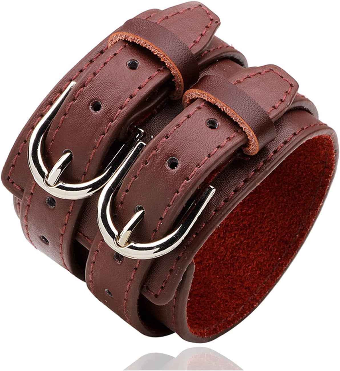 Punk Rock Double Row Belt Buckle Wristband Wide Leather Cuff Bracelet ...