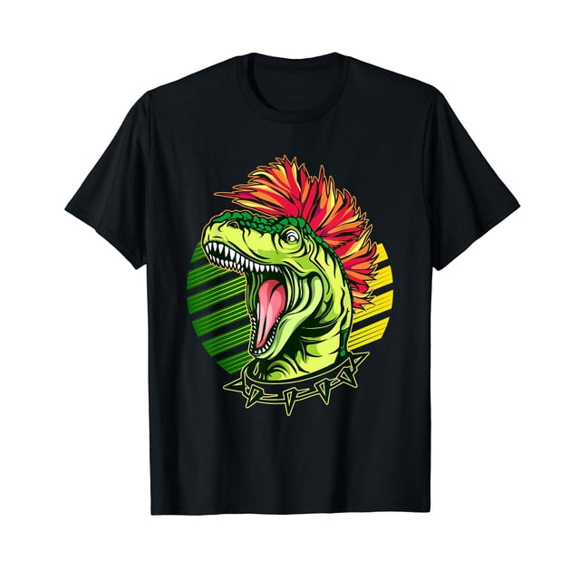Punk Rock Mohawk Dinosaur T-Rex Retro 80's 90's Rocker Black T-Shirt ...