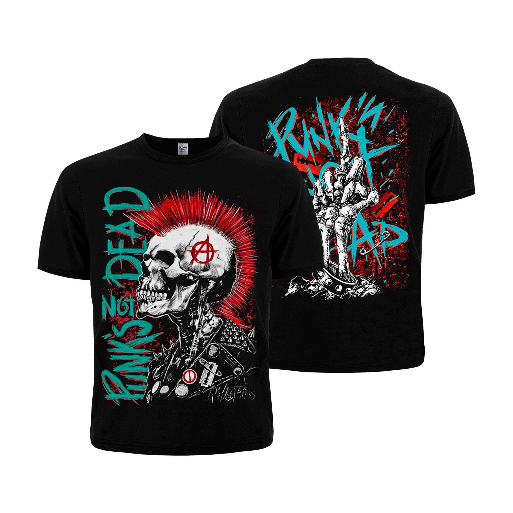 Punks Not Dead black T-Shirt. Skeleton with mohawk, jacket with pins ...