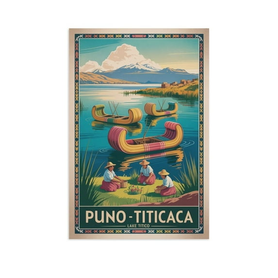 Puno Peru Vintage City Travel Poster with Lake Titicaca And Floating ...