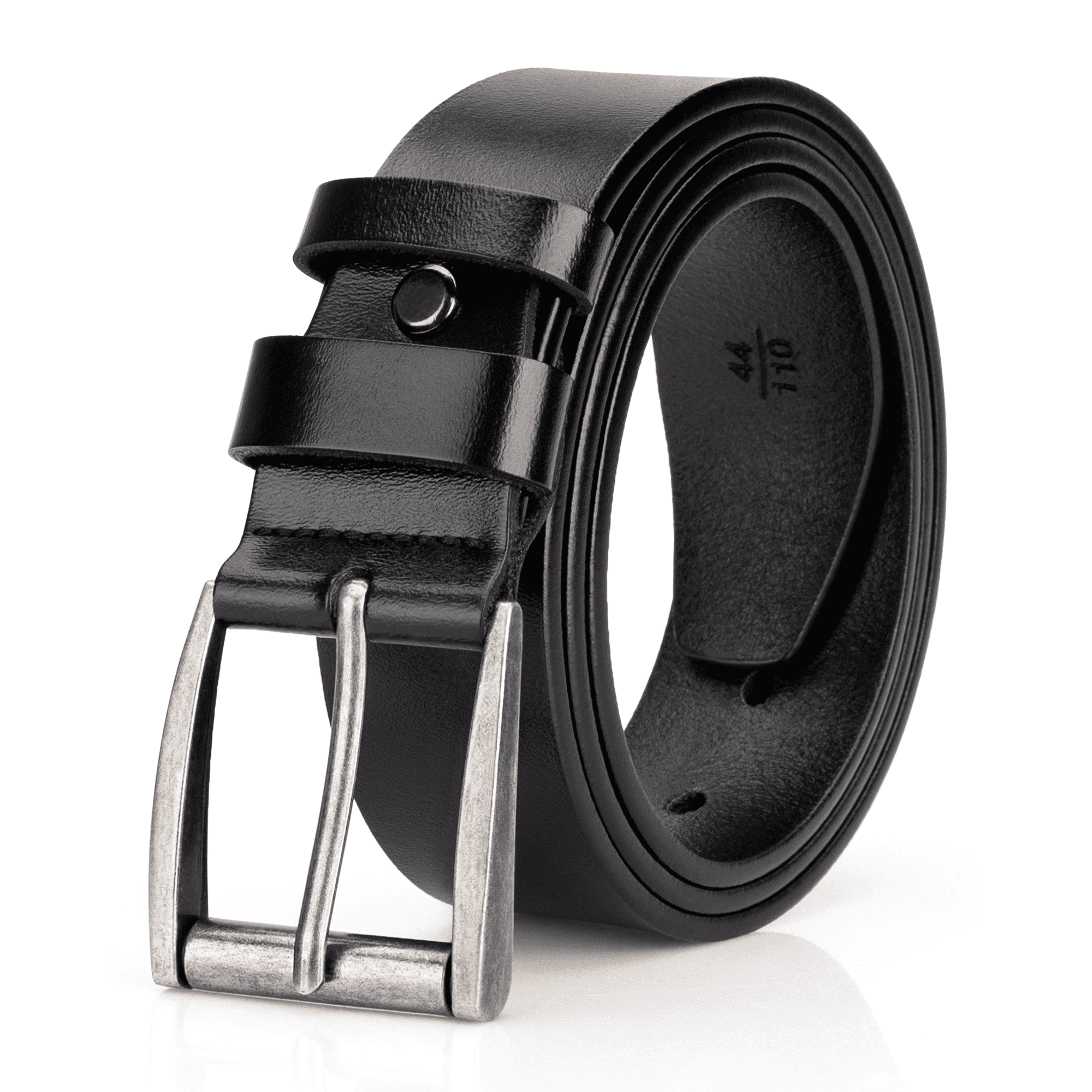 Punplita Men's Black Genuine Leather Belt with Retro Silver Buckle ...